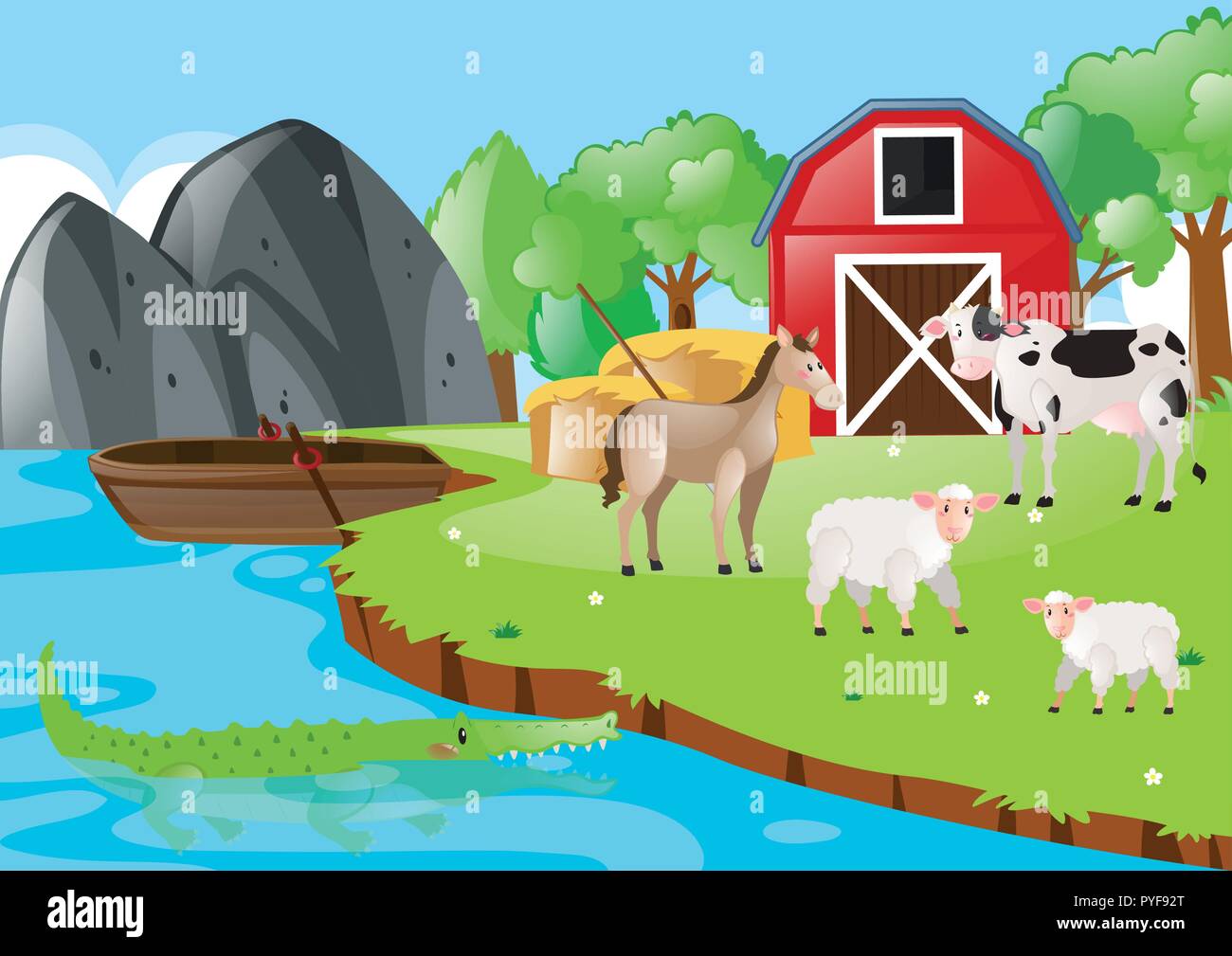 Farm scene with animals by the river illustration Stock Vector Image ...