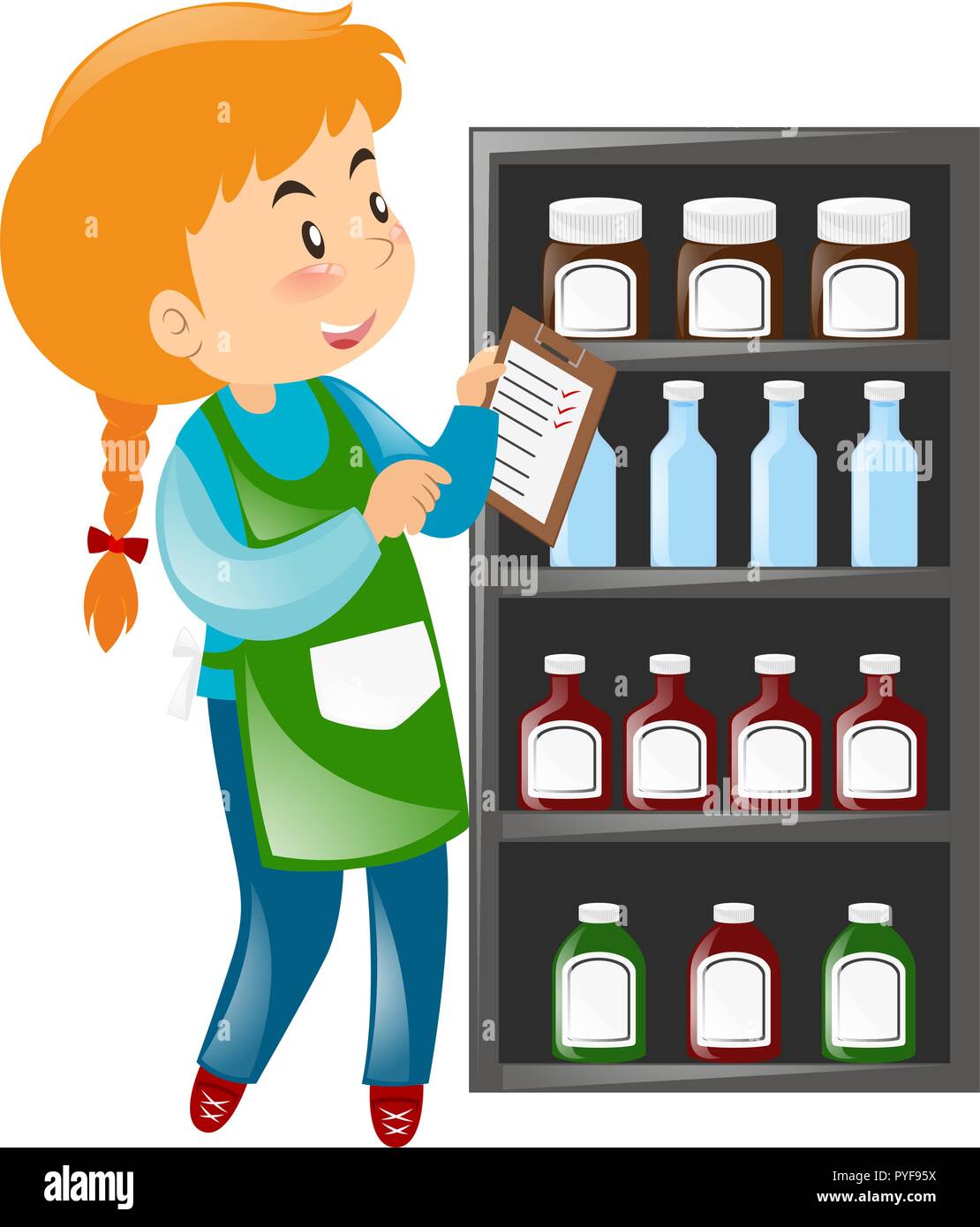 Shopkeeper looking at products on shelves illustration Stock Vector ...