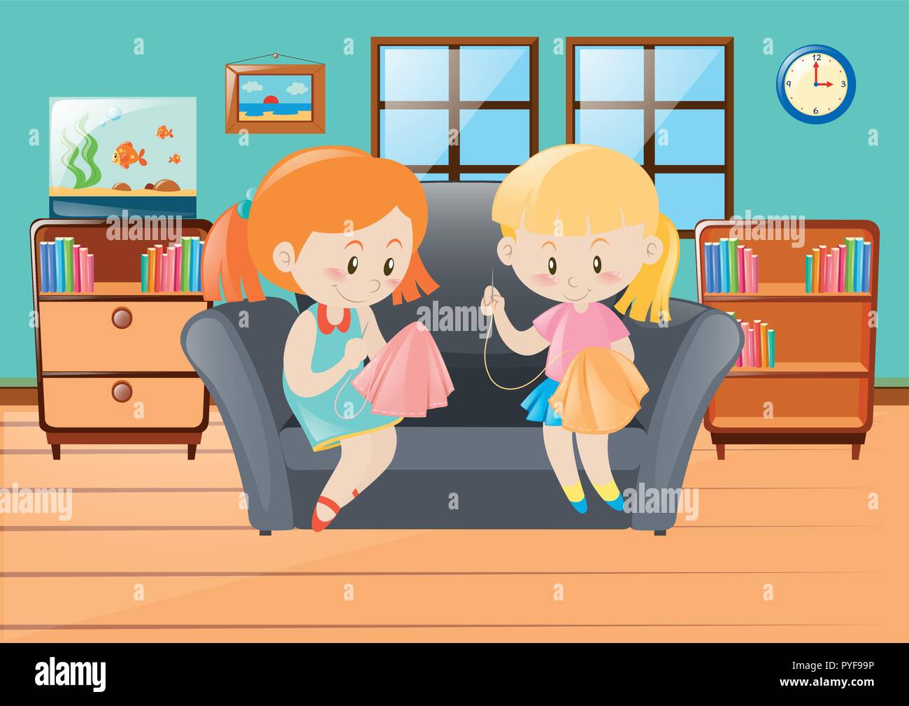 Girls sewing handkerchief in room illustration Stock Vector Image & Art ...