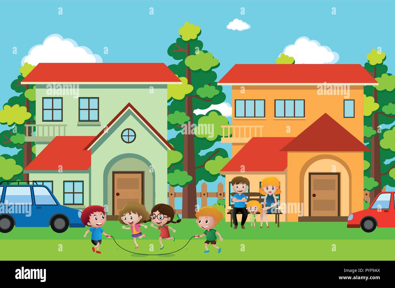 Children playing in front of house illustration Stock Vector Image ...