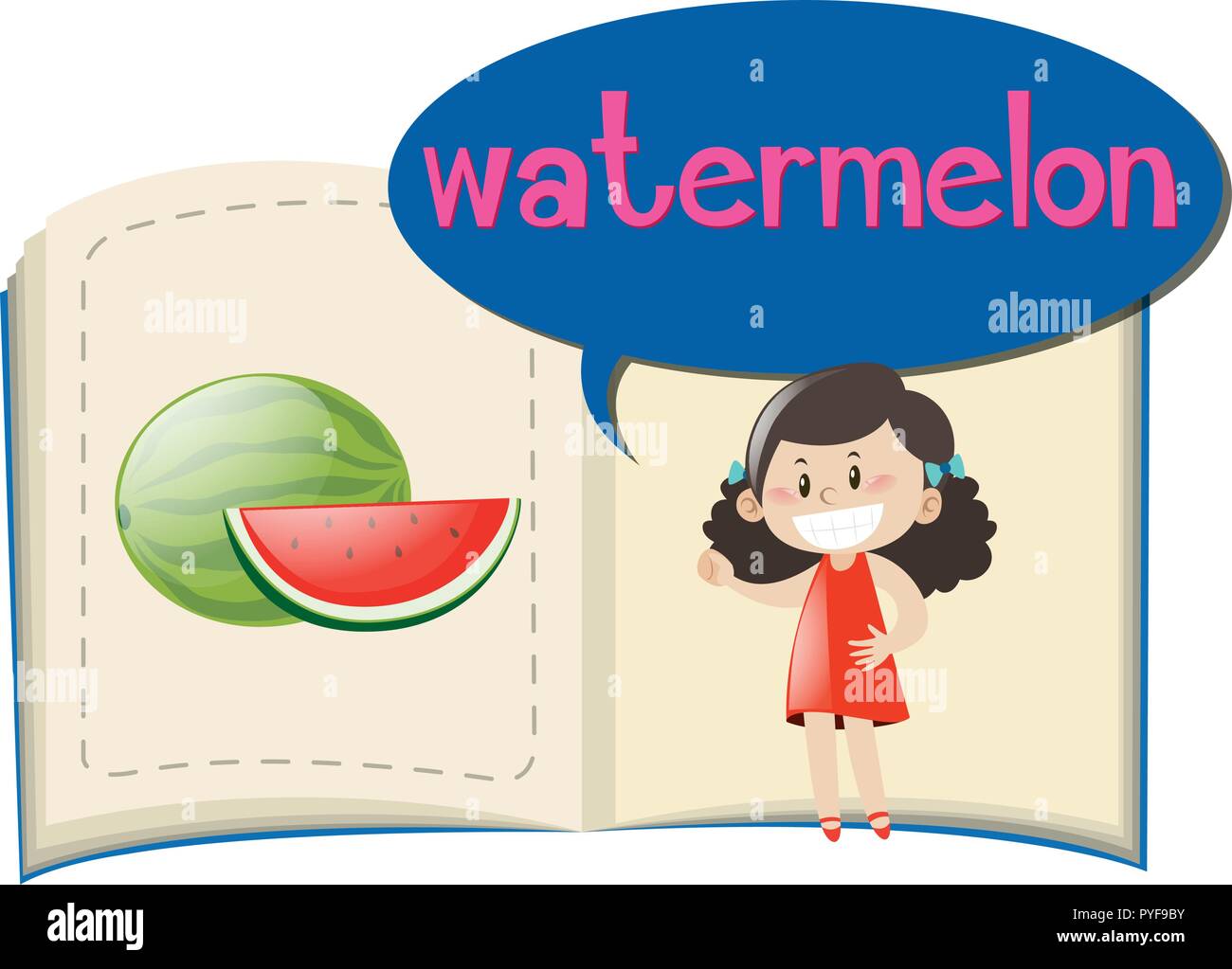 Watermelon in the book and girl saying word illustration Stock Vector ...