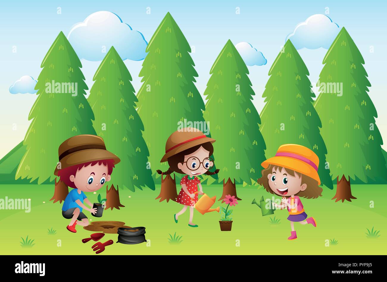 Kids Planting Flowers Clipart