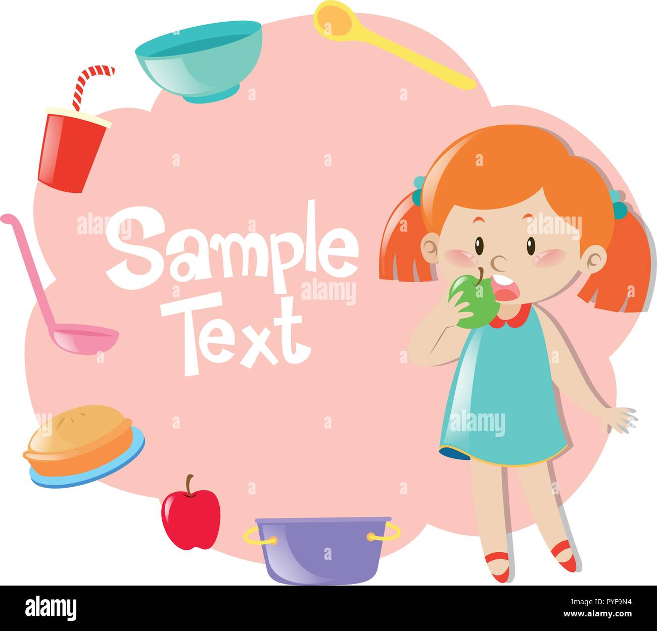 Paper template with girl eating green apple illustration Stock Vector ...