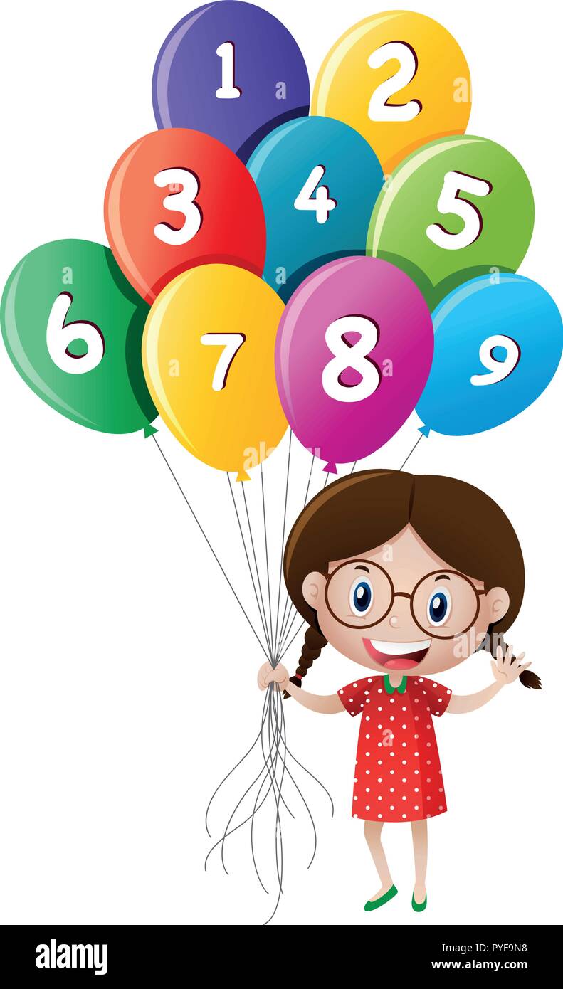 Cute girl holding balloons with numbers illustration Stock Vector Image ...