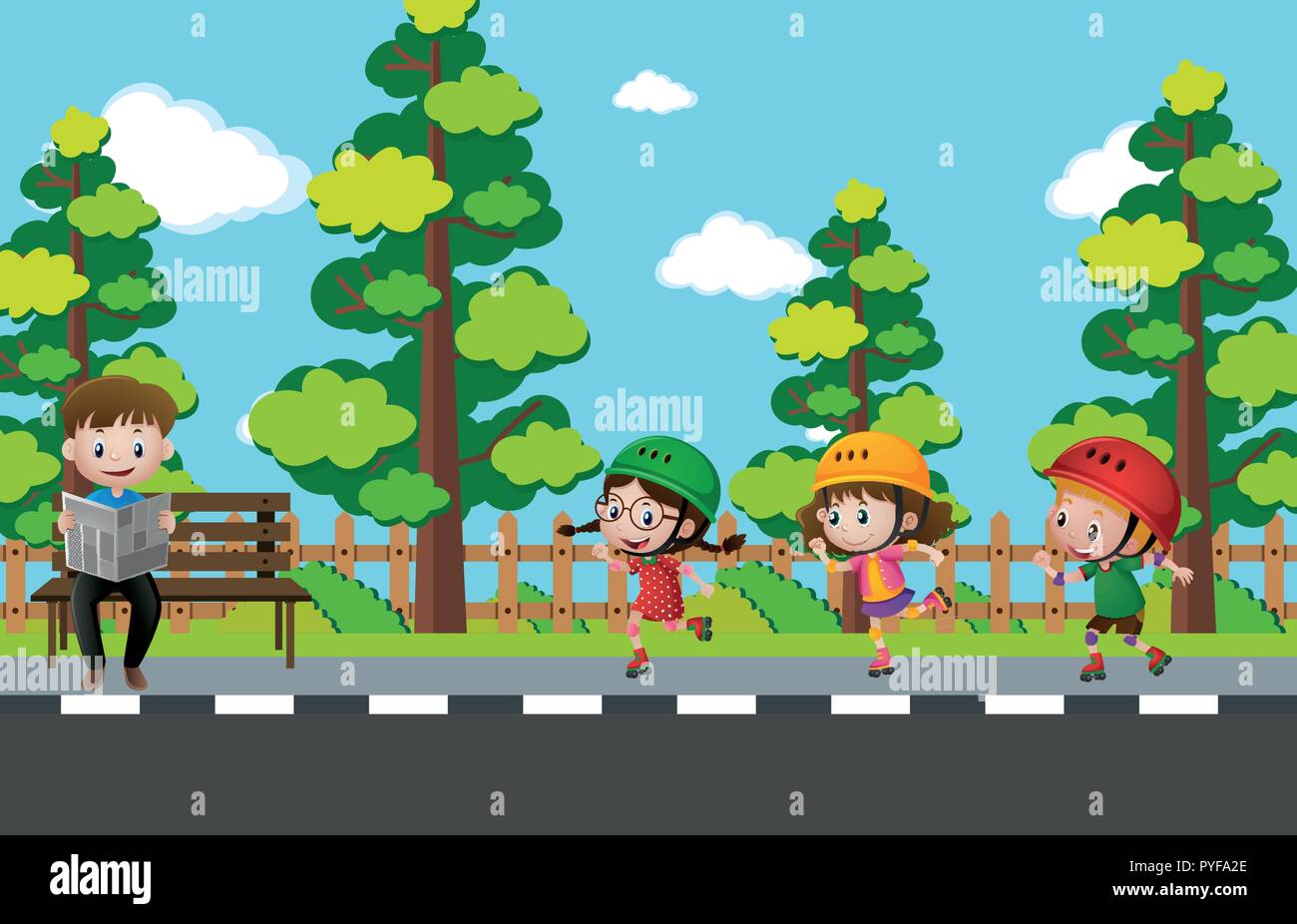 Kids rollerskating on the pavement illustration Stock Vector Image ...