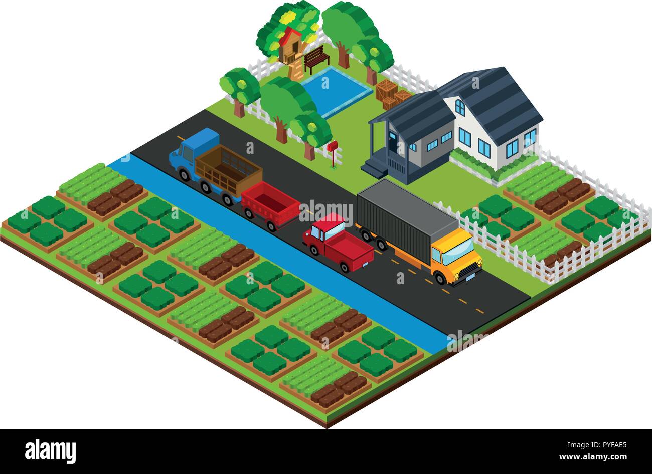 3D design for farmland with house and cars on the road illustration ...