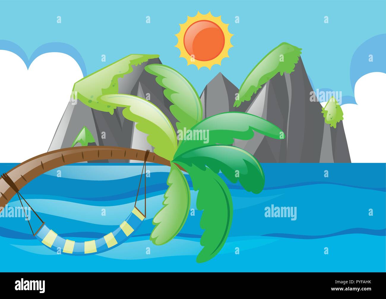 Ocean scene with tree and sun illustration Stock Vector Image & Art - Alamy