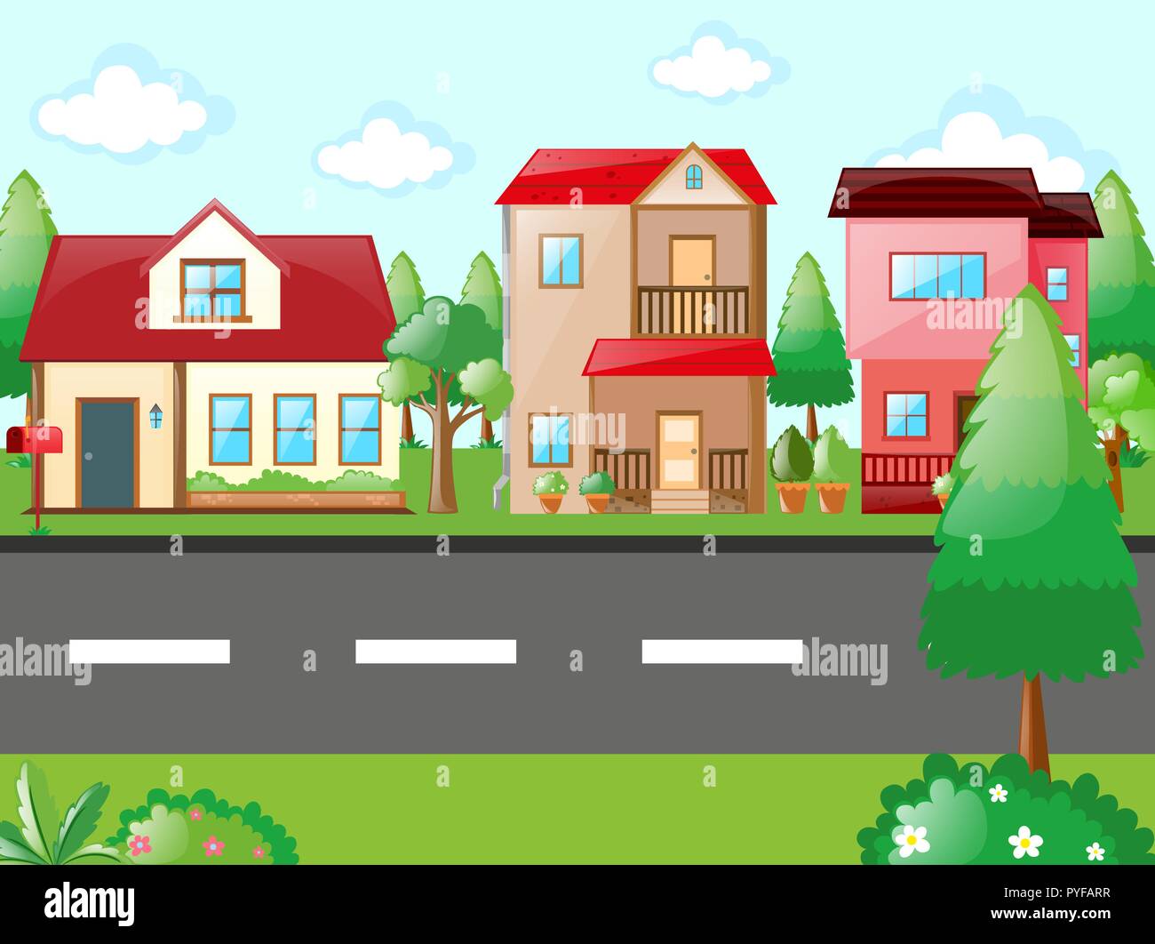 Scene with houses in neighborhood illustration Stock Vector Image & Art ...