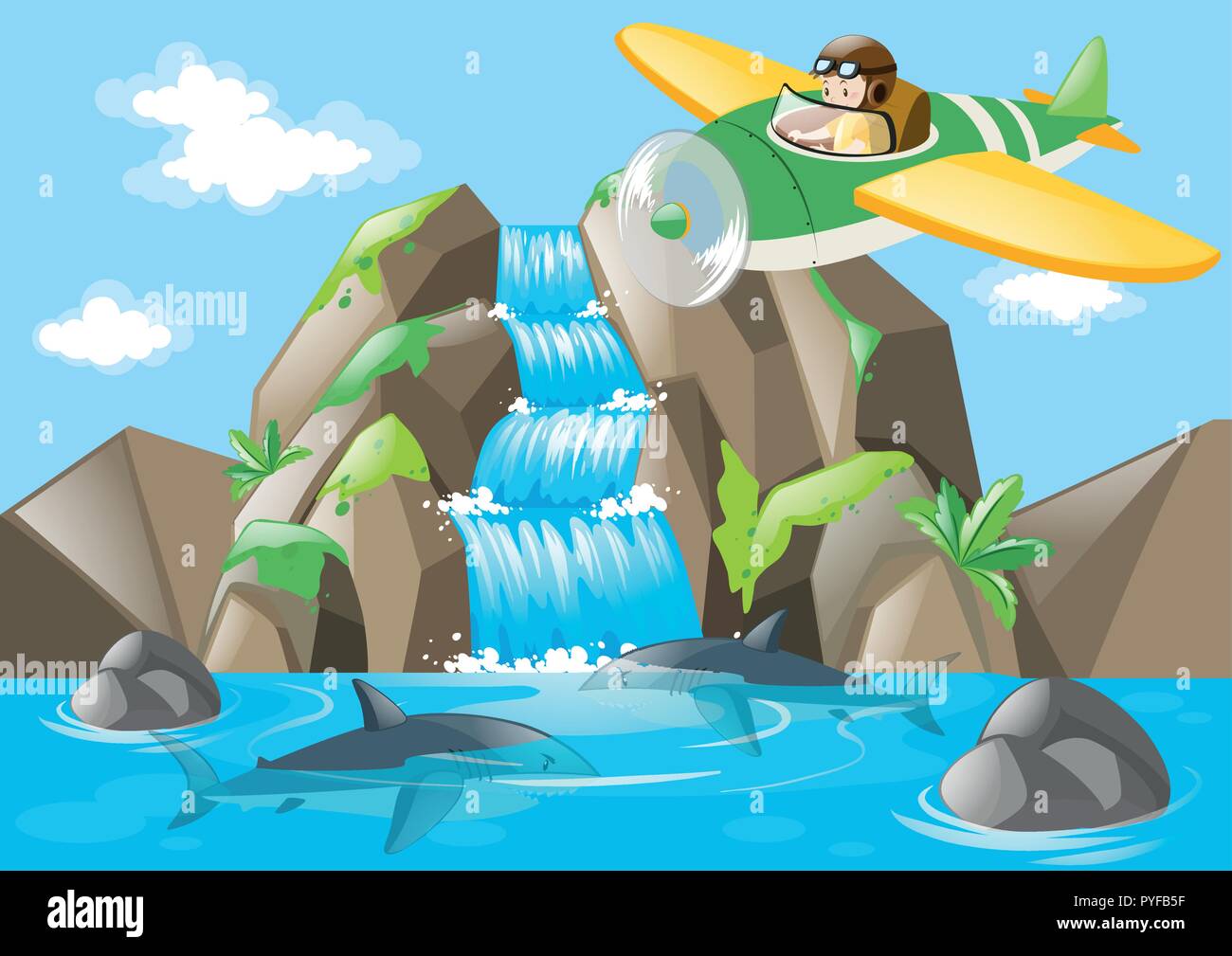 Pilot flying jet over waterfall illustration Stock Vector Image & Art ...