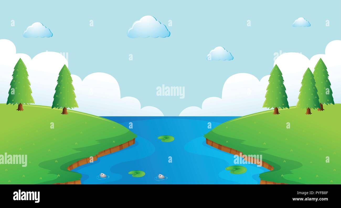 Scene with river and trees illustration Stock Vector Image & Art - Alamy