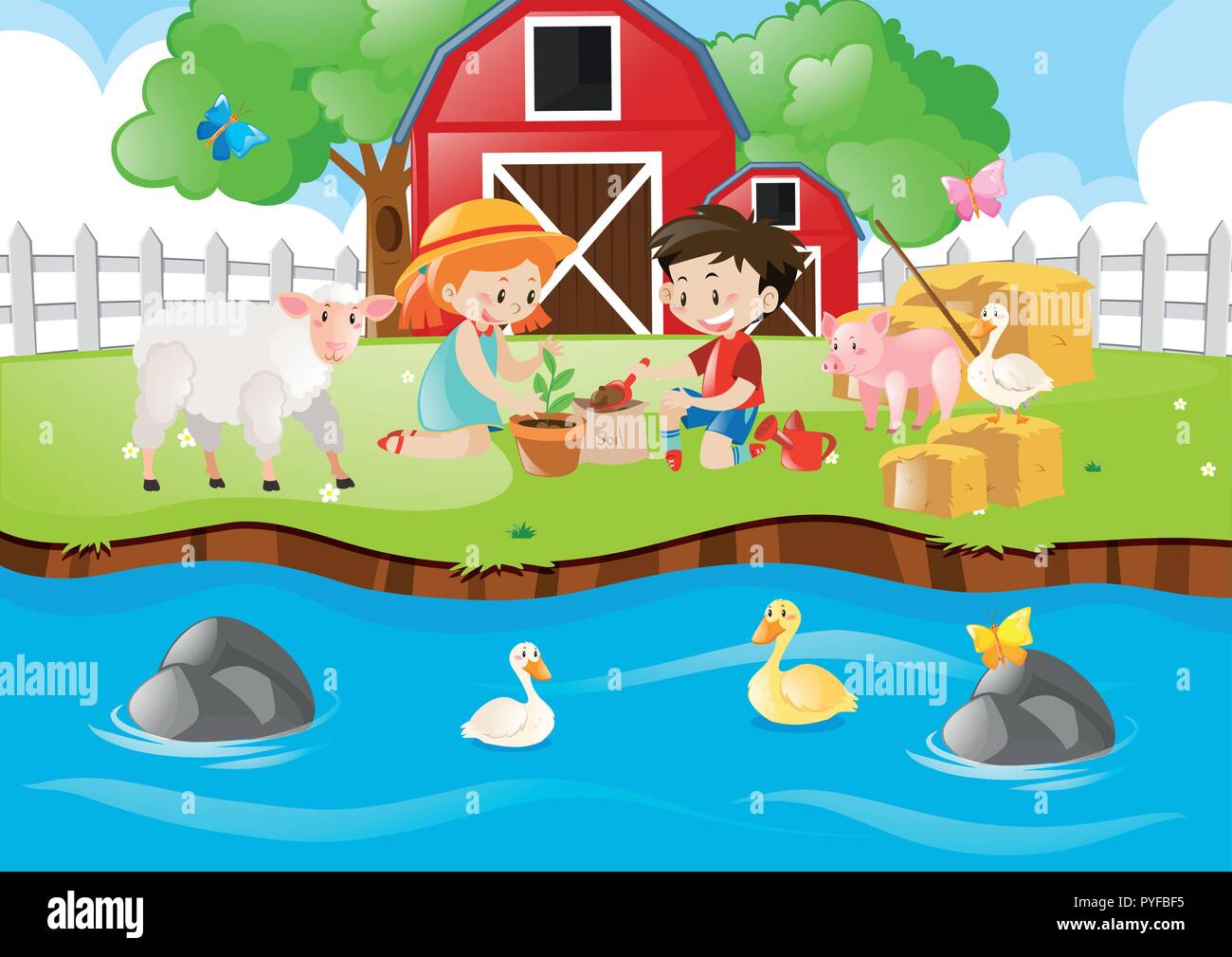 Two kids planting tree by the river illustration Stock Vector Image ...