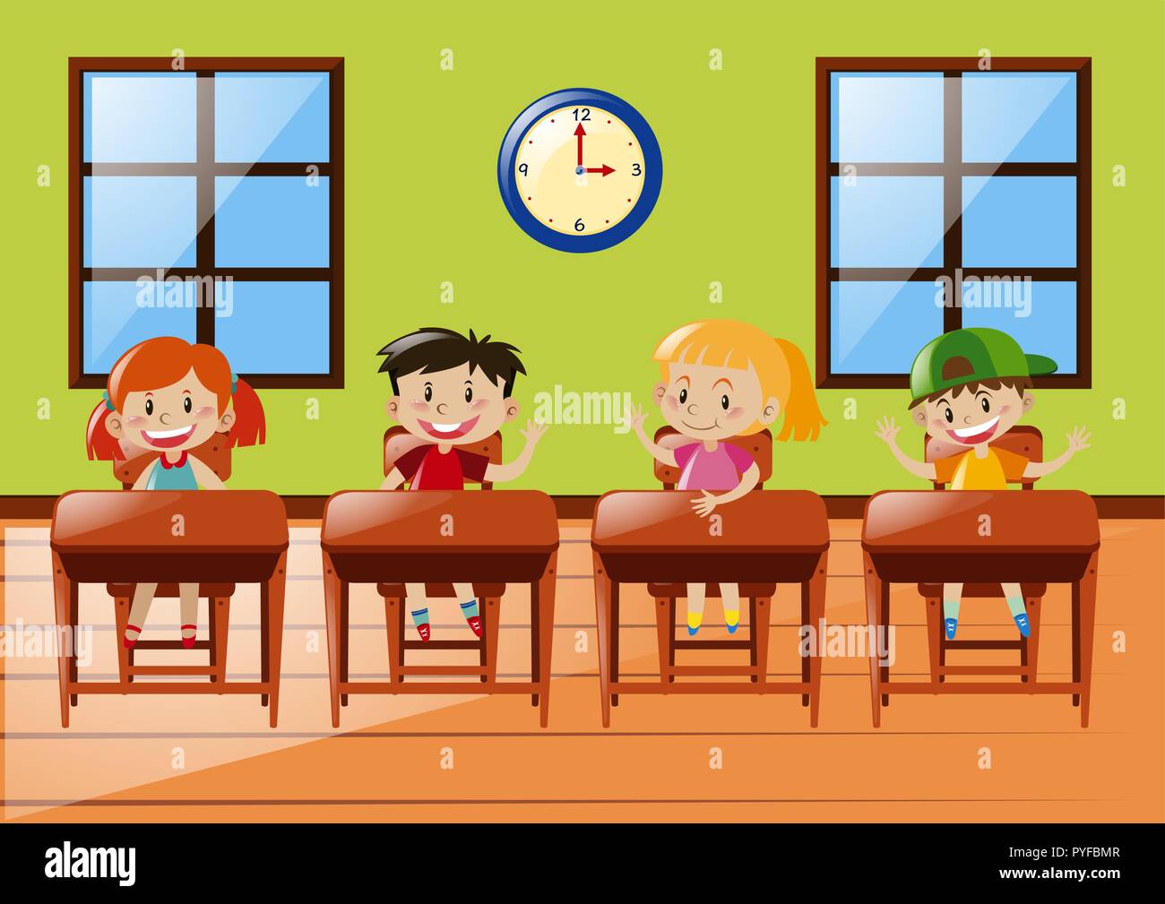 Four students sitting in classroom illustration Stock Vector Image ...