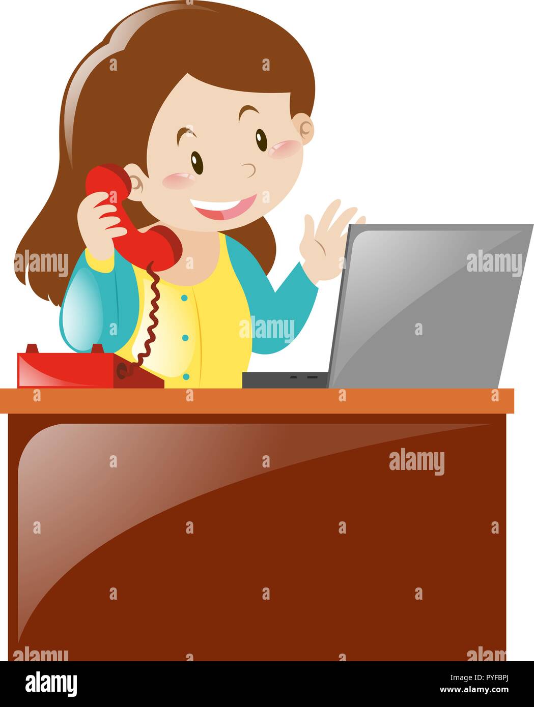 Woman working on computer at desk illustration Stock Vector Image & Art ...