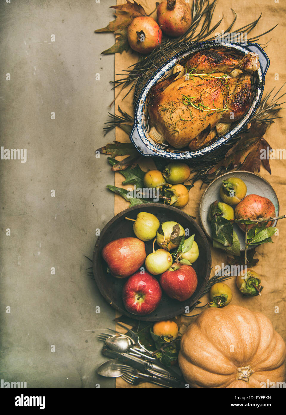 Thanksgiving dinner table top view, copy space, vertical composition ...