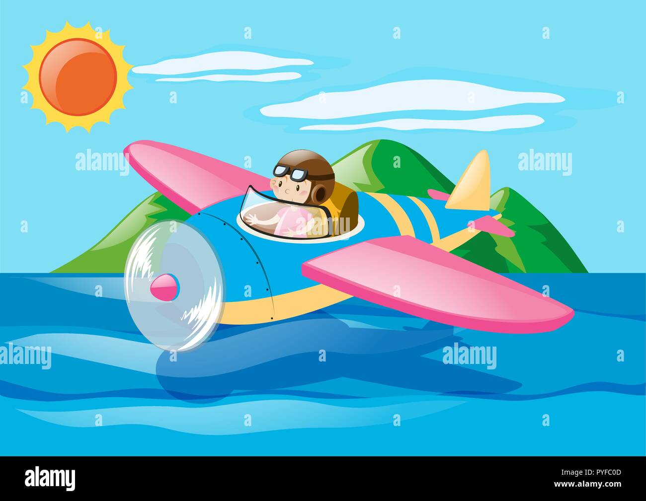 Pilot flying plane over the sea illustration Stock Vector Image & Art ...