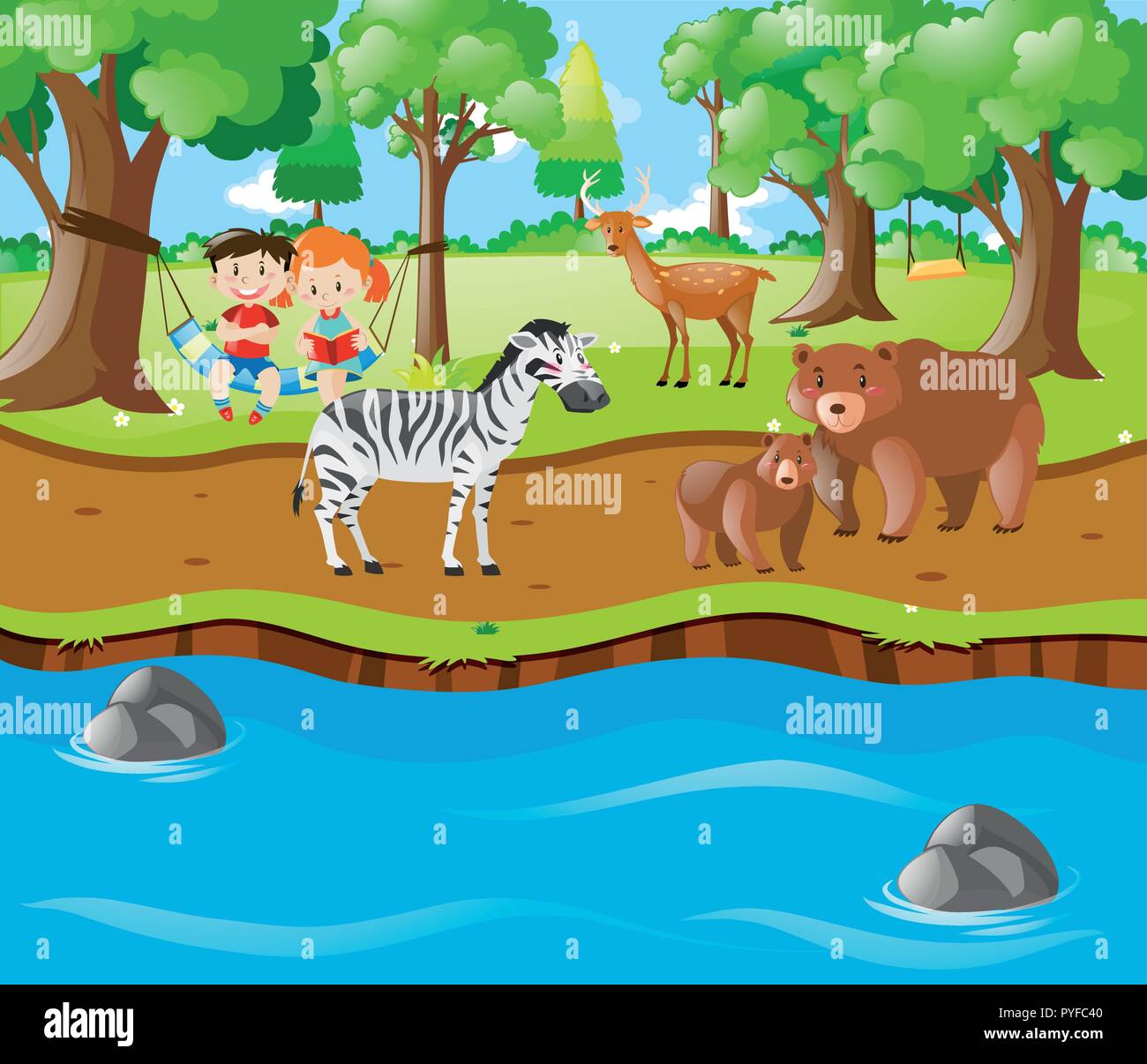 Children and animals by the river illustration Stock Vector Image & Art ...