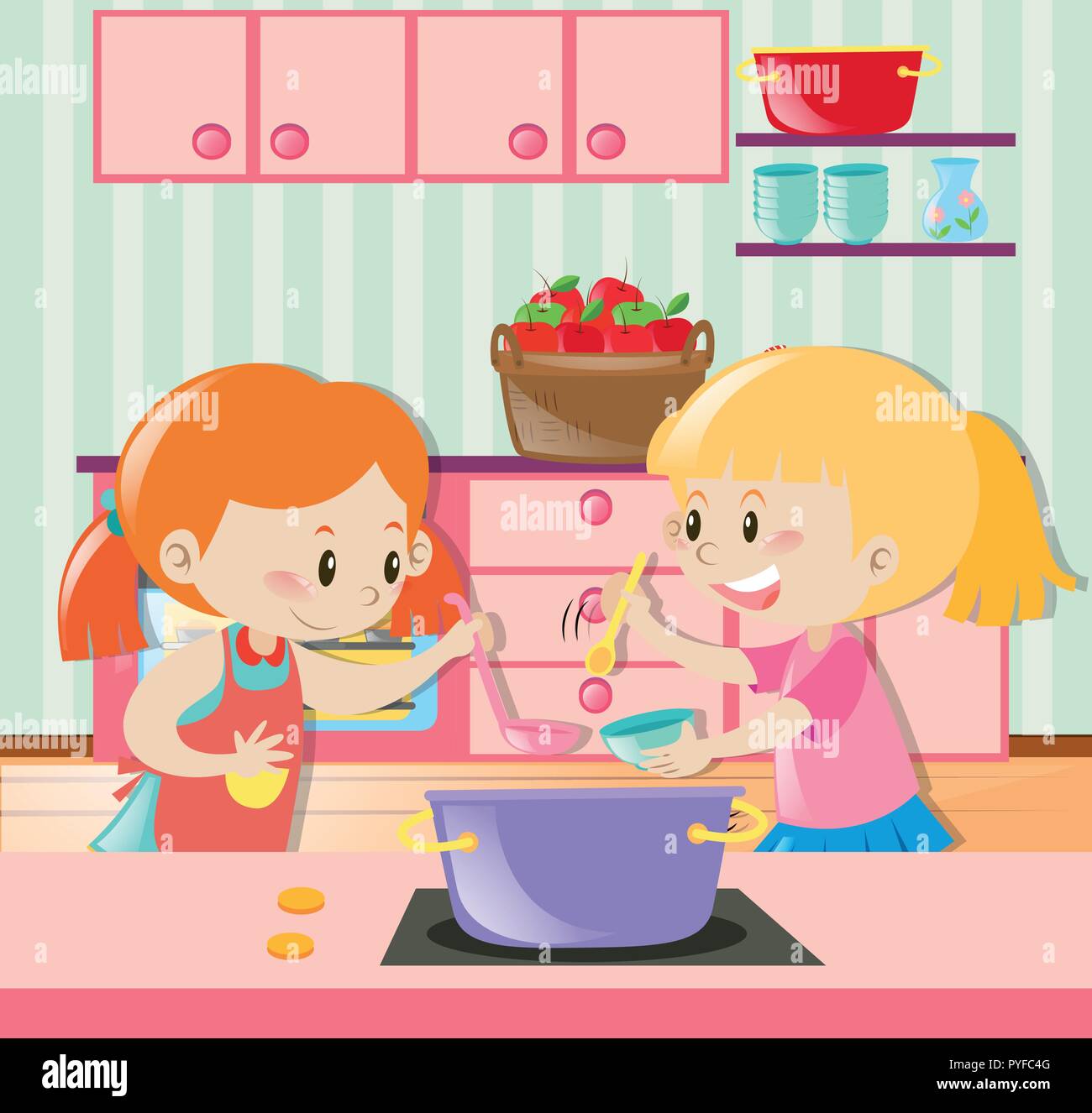Two girls making soup in the kitchen illustration Stock Vector Image ...