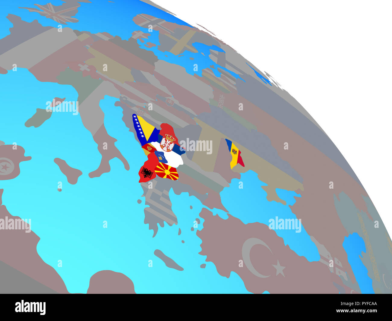 CEFTA countries with national flags on simple blue political globe. 3D ...