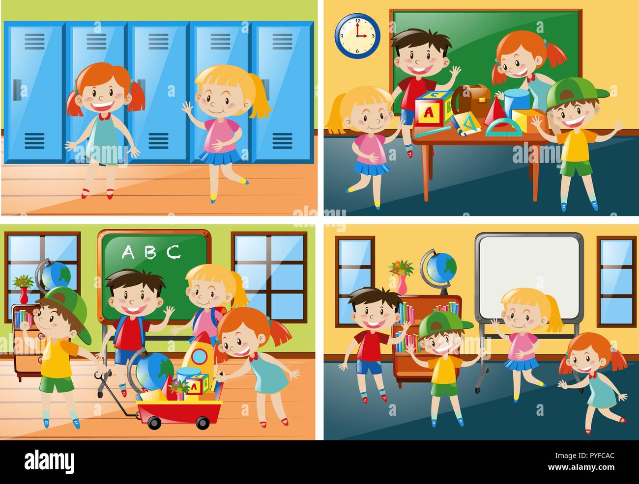 Four scenes with students at school illustration Stock Vector Image ...