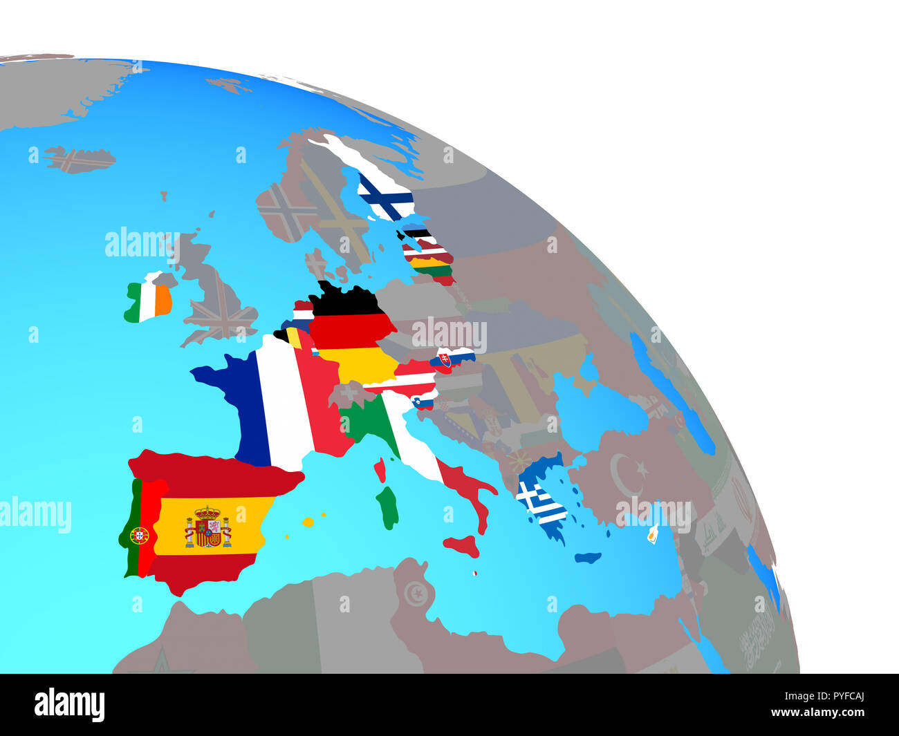 Eurozone member states with national flags on simple blue political ...
