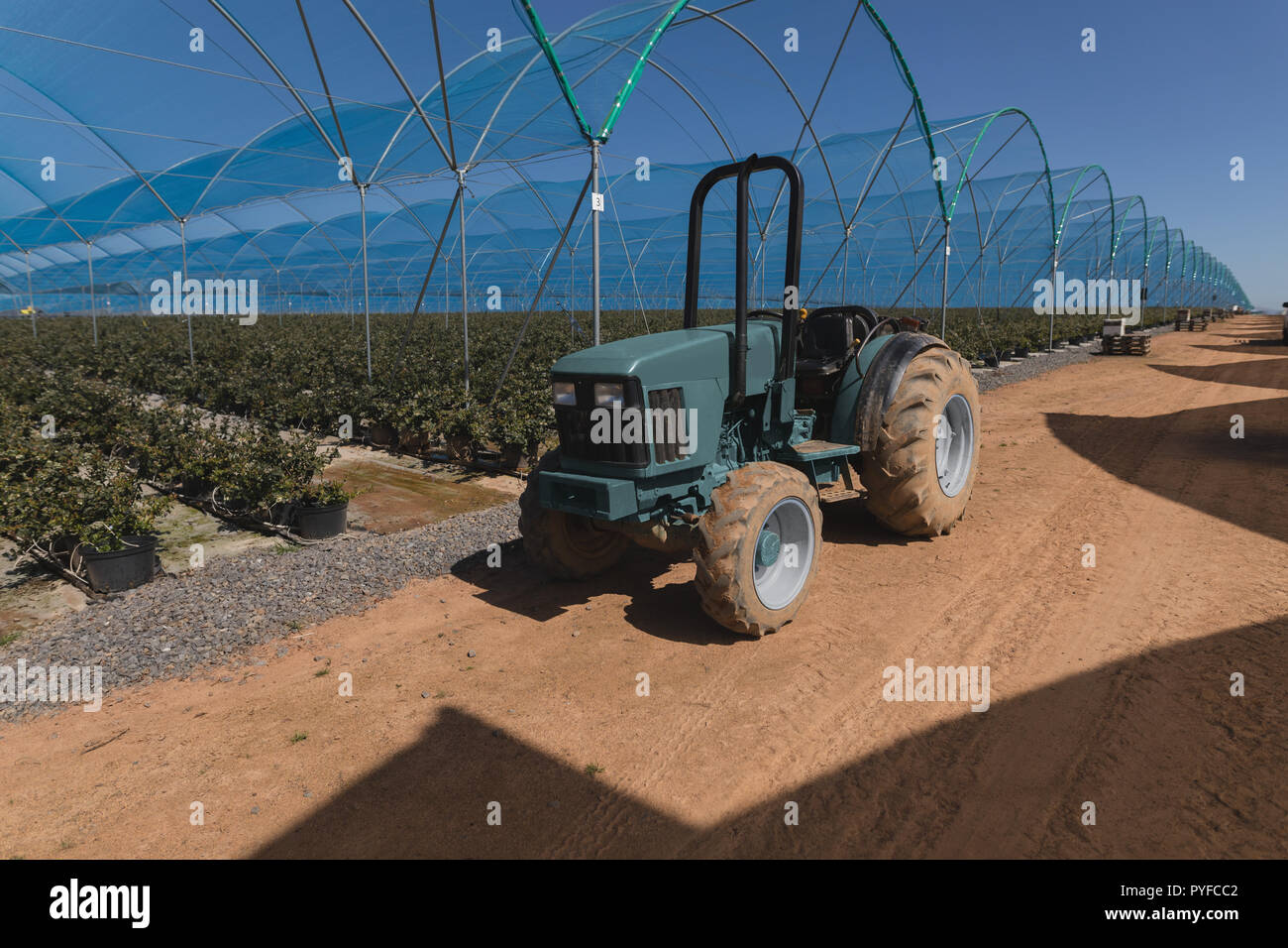 Tractor parked near blueberry farm Stock Photo - Alamy