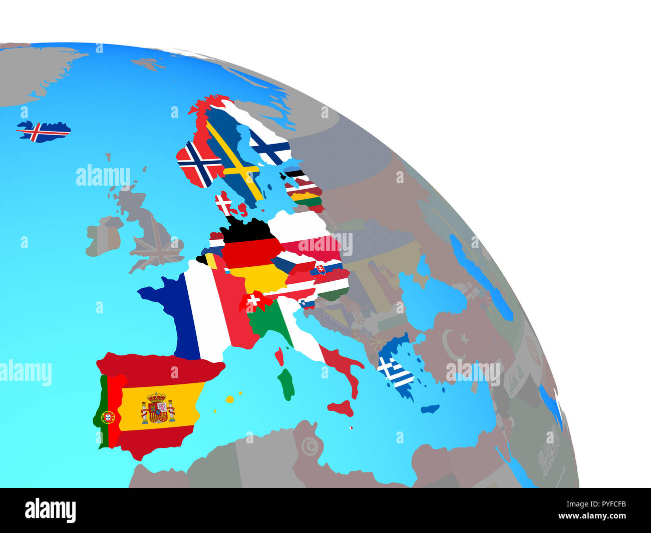Schengen Area members with national flags on simple blue political ...