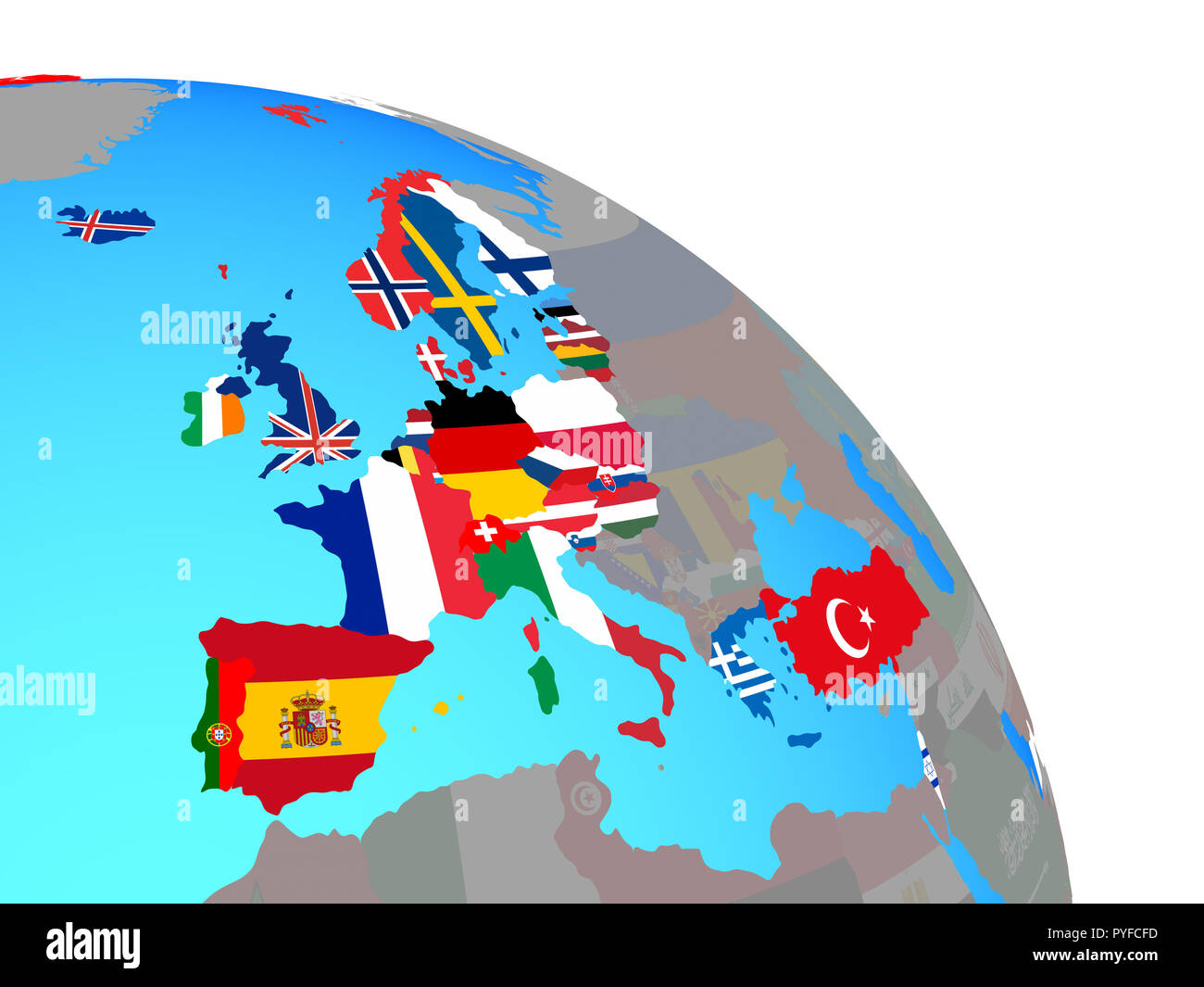 OECD European members with national flags on simple blue political ...