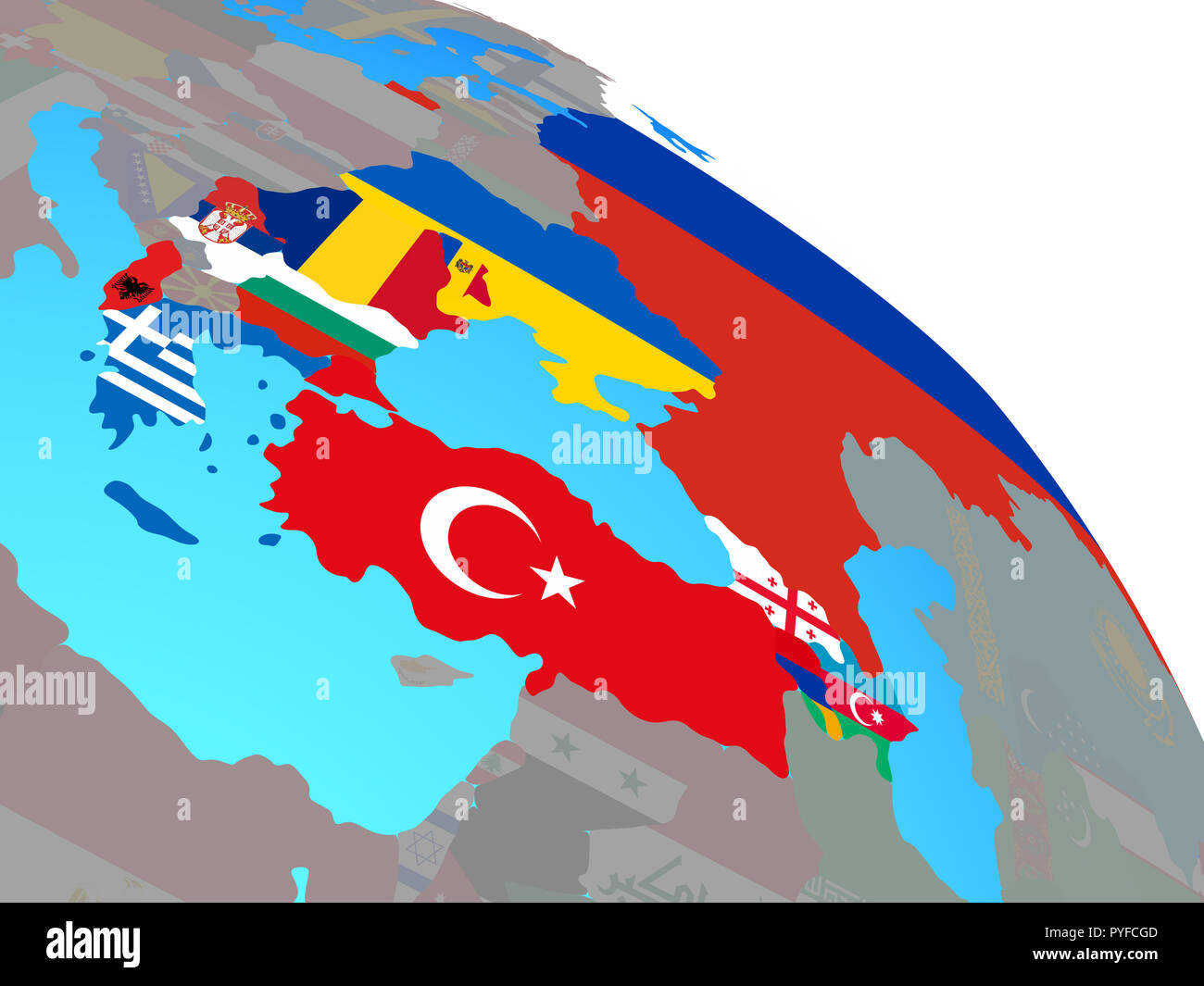 BSEC countries with national flags on simple blue political globe. 3D ...