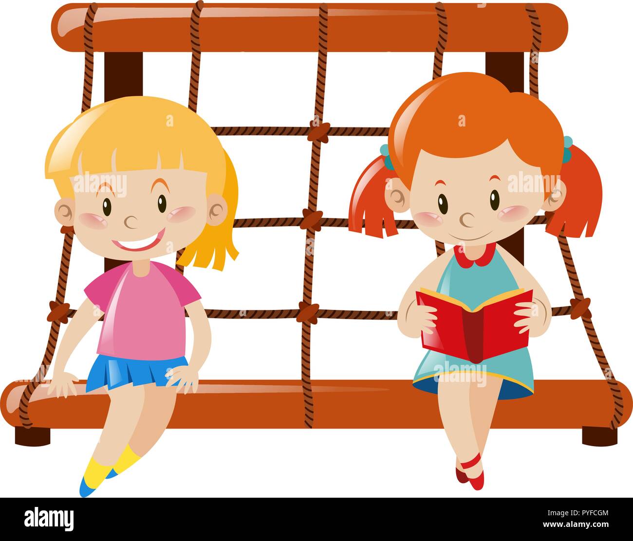 Two girls sitting on rope climbing station illustration Stock Vector ...
