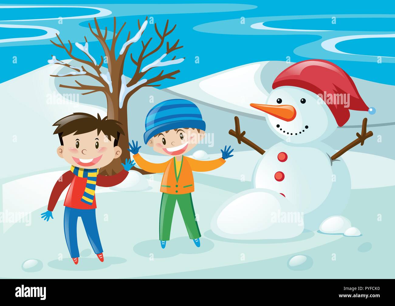 Boys and snowman in the snow field illustration Stock Vector Image ...