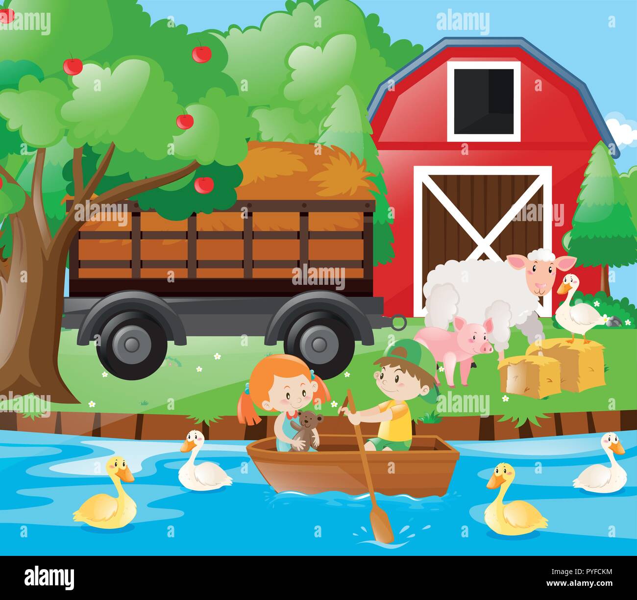 Kids and farm animals on the farm illustration Stock Vector Image & Art ...