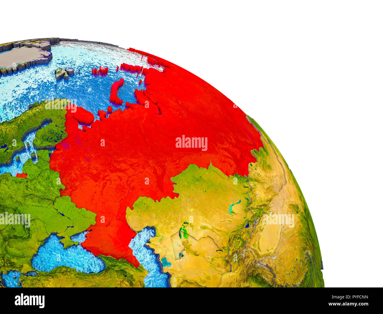 Russia Highlighted on 3D Earth model with water and visible country ...