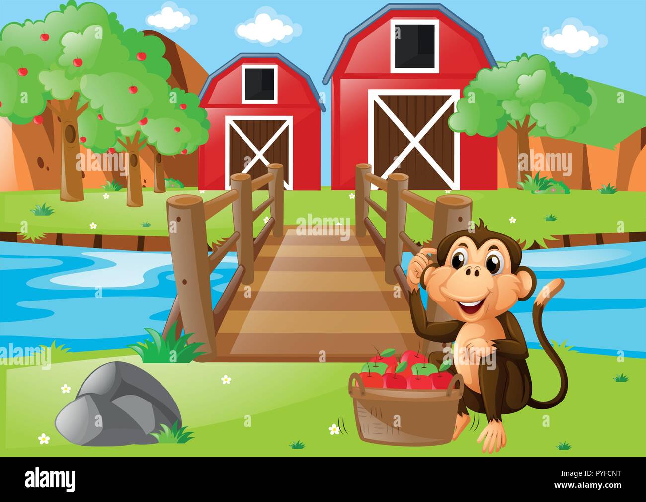 Monkey and bucket of apples in orchard illustration Stock Vector Image ...