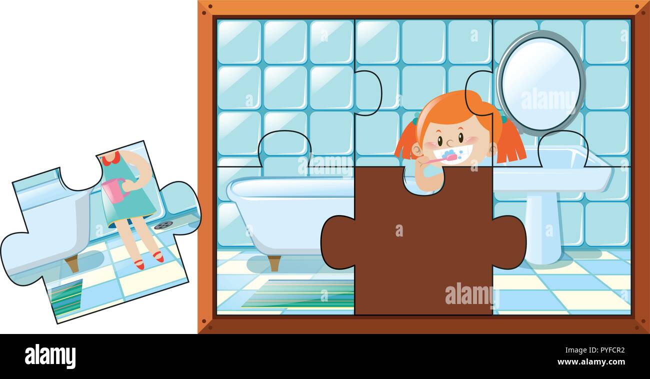 Jigsaw puzzle game with girl brushing teeth illustration Stock Vector ...