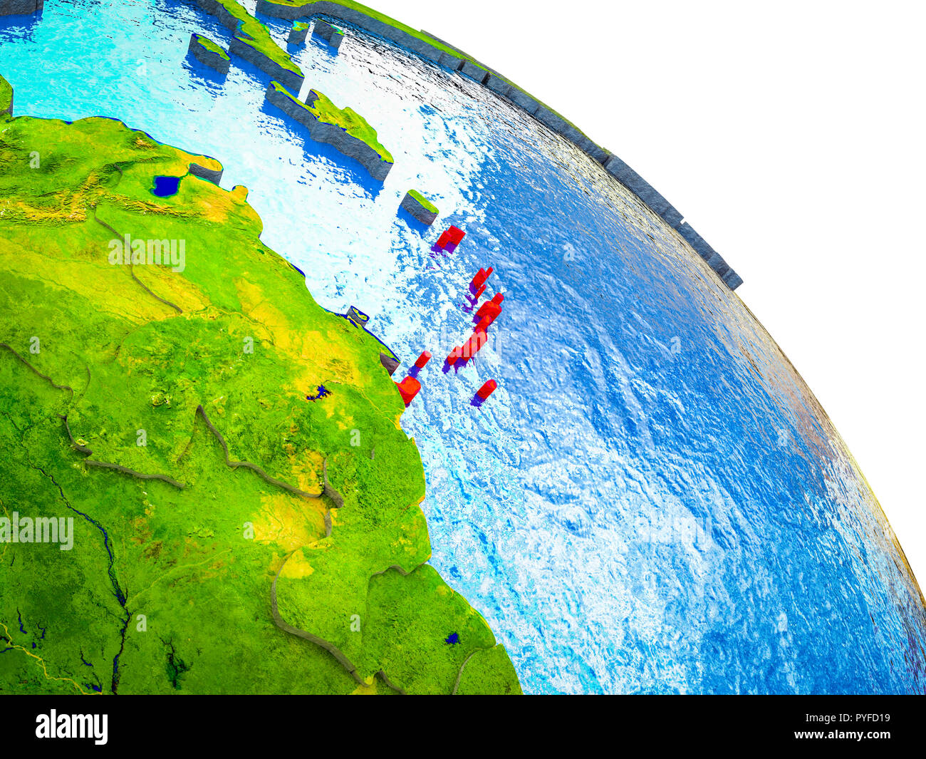 Caribbean Highlighted on 3D Earth model with water and visible country ...