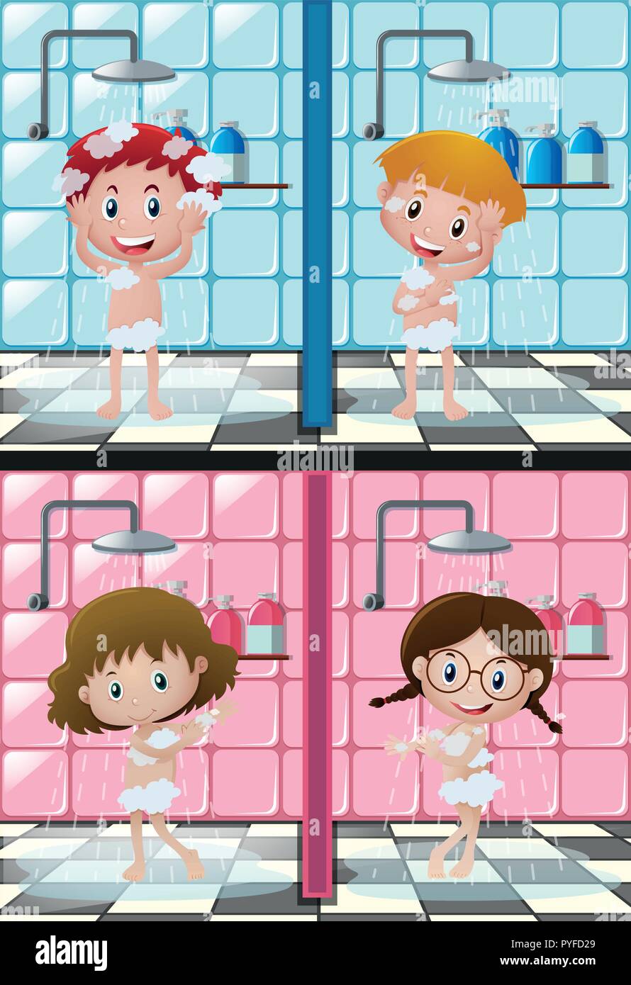Four kids showering in bathroom illustration Stock Vector Image & Art ...