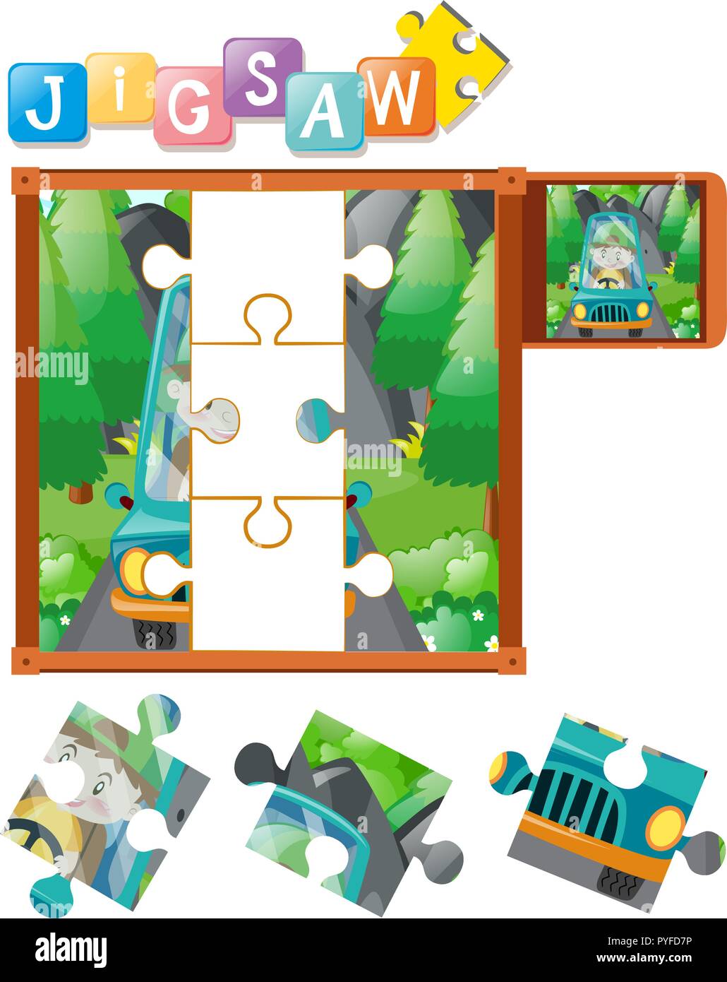 Jigsaw puzzle game with boy driving illustration Stock Vector Image ...