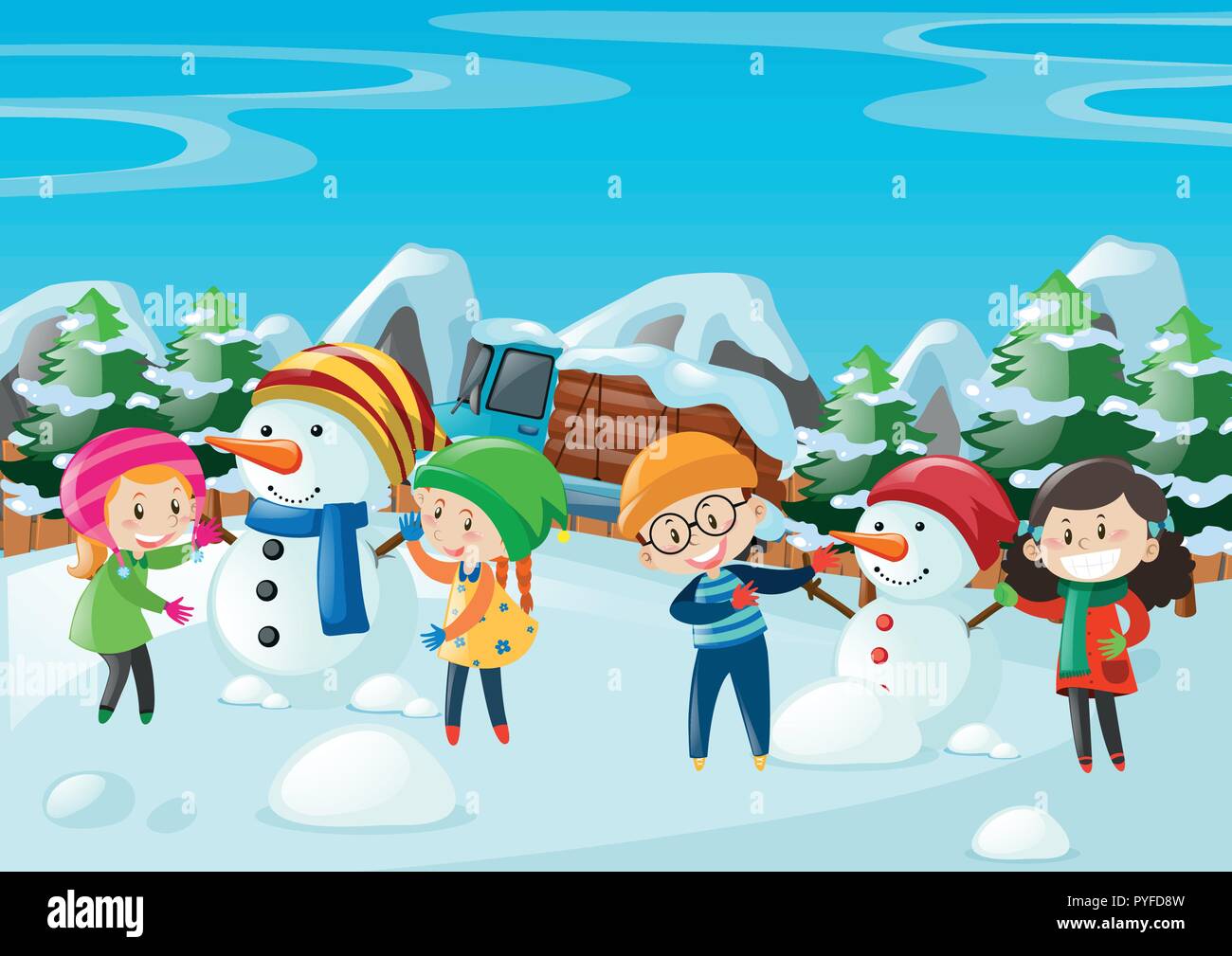 Children making snowman in the field illustration Stock Vector Image ...