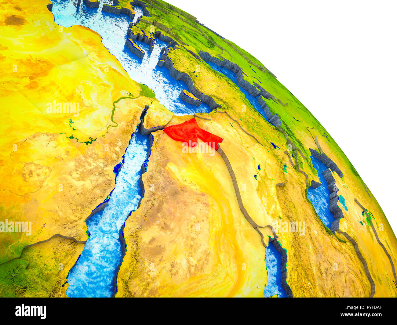 Jordan Highlighted on 3D Earth model with water and visible country ...