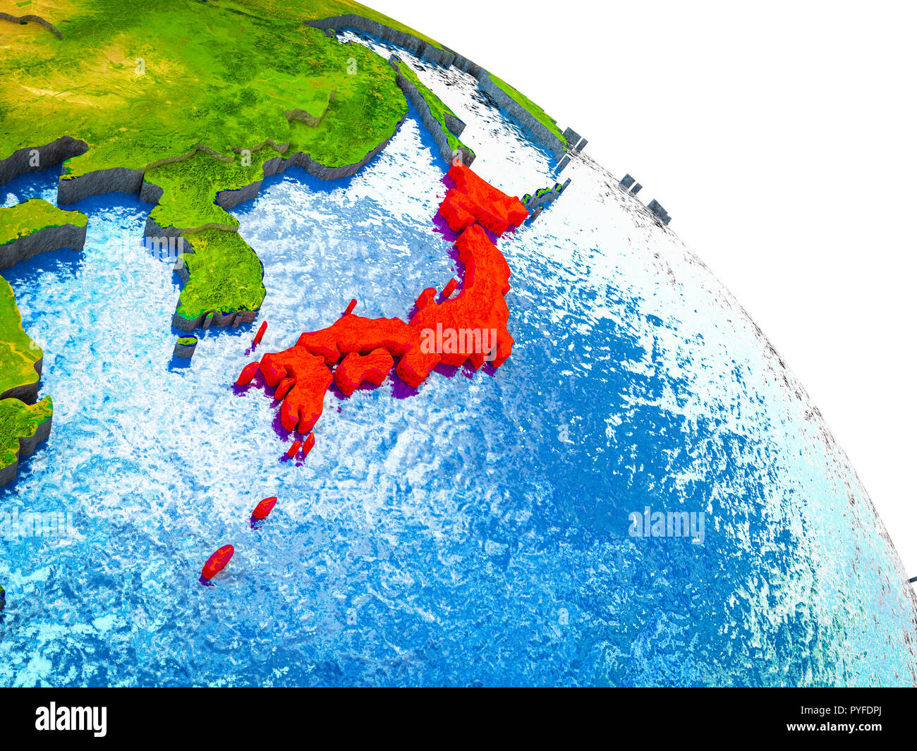Japan Highlighted on 3D Earth model with water and visible country ...