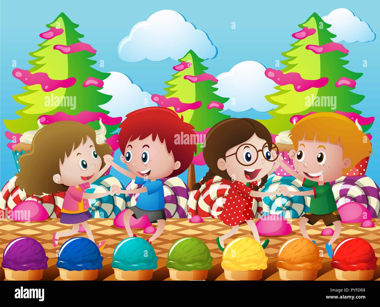Kids dancing in the candyland illustration Stock Vector Image & Art - Alamy