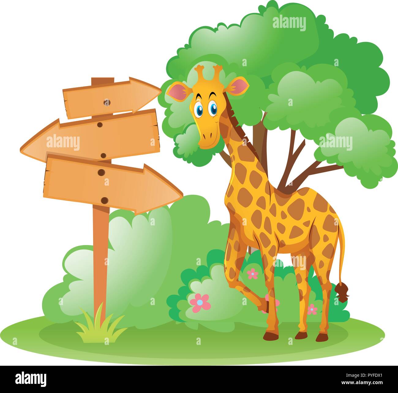 Giraffe standing by the wooden sign in park illustration Stock Vector ...