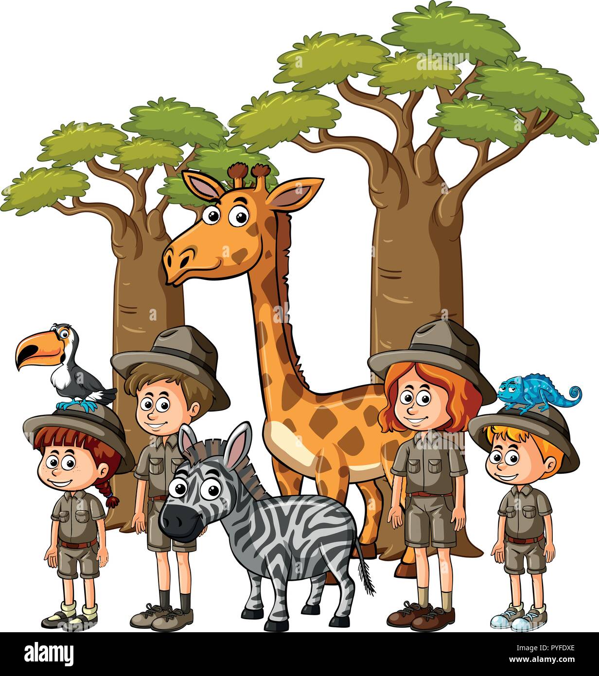 Kids in safari outfit with many animals illustration Stock Vector Image ...