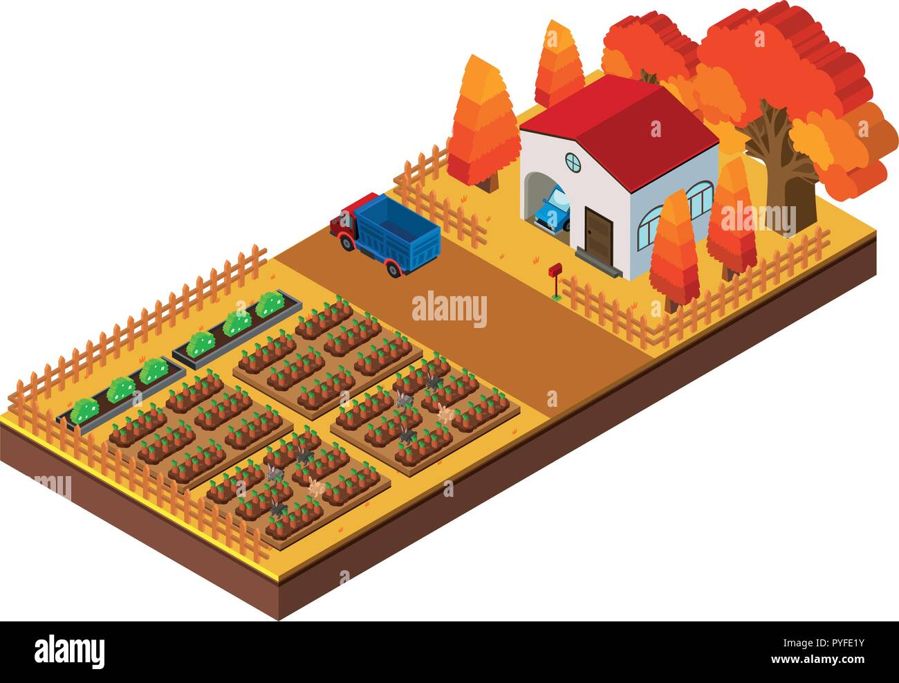 3D design for farm scene with crops and house illustration Stock Vector ...