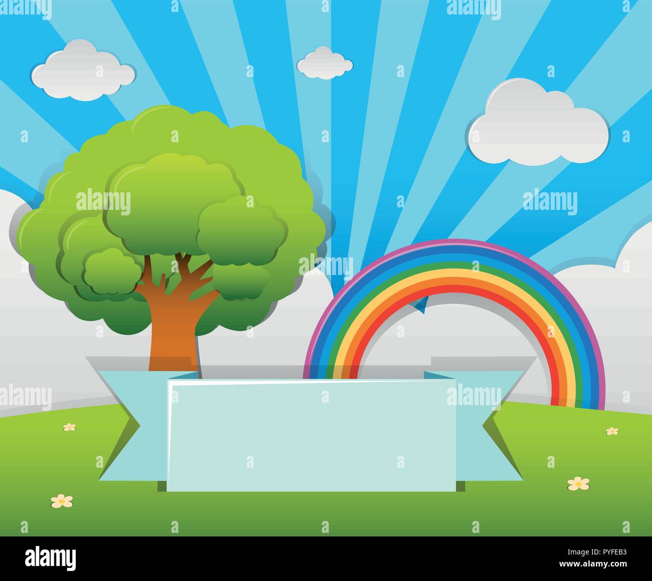 Banner template with tree and rainbow in garden illustration Stock ...
