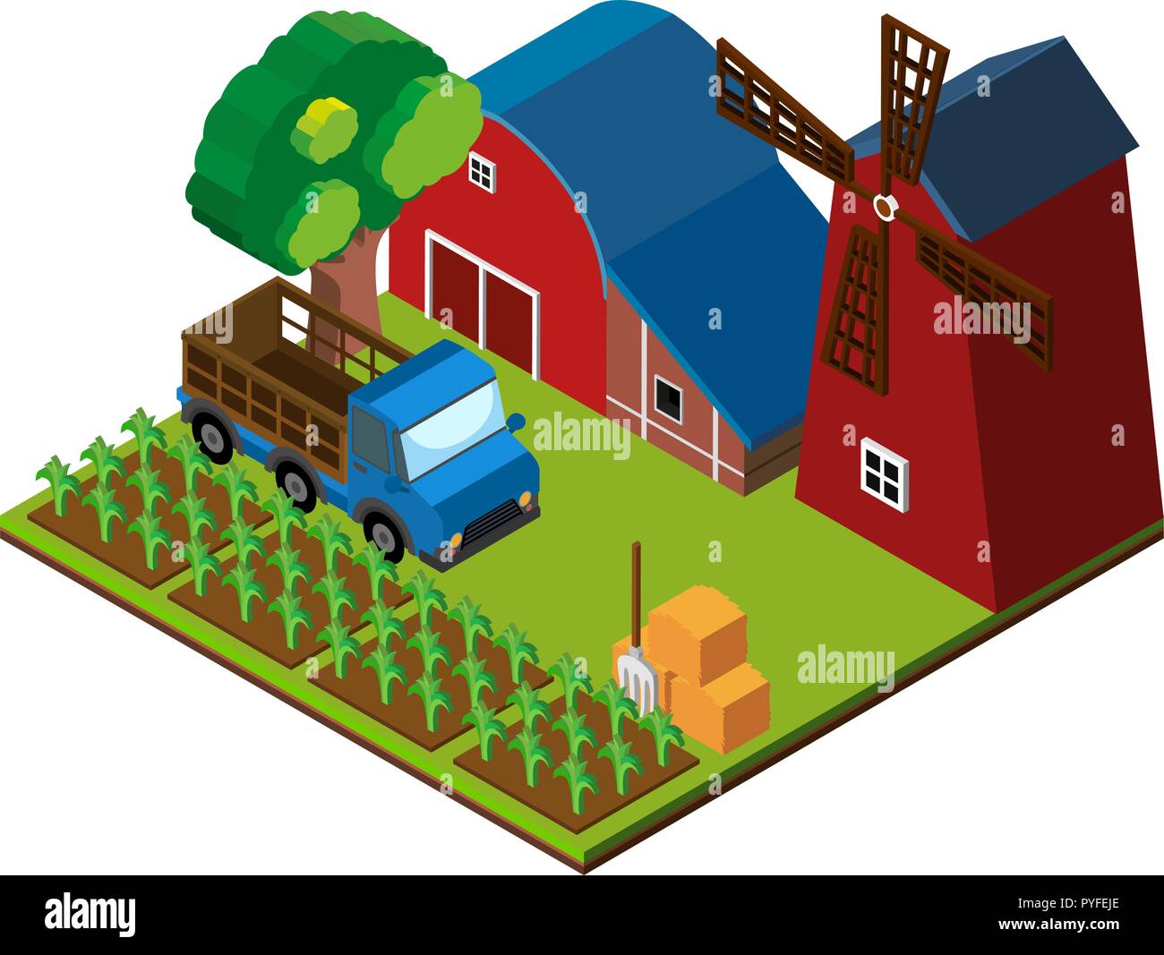 3D design for farm scene with barns and crops illustration Stock Vector ...