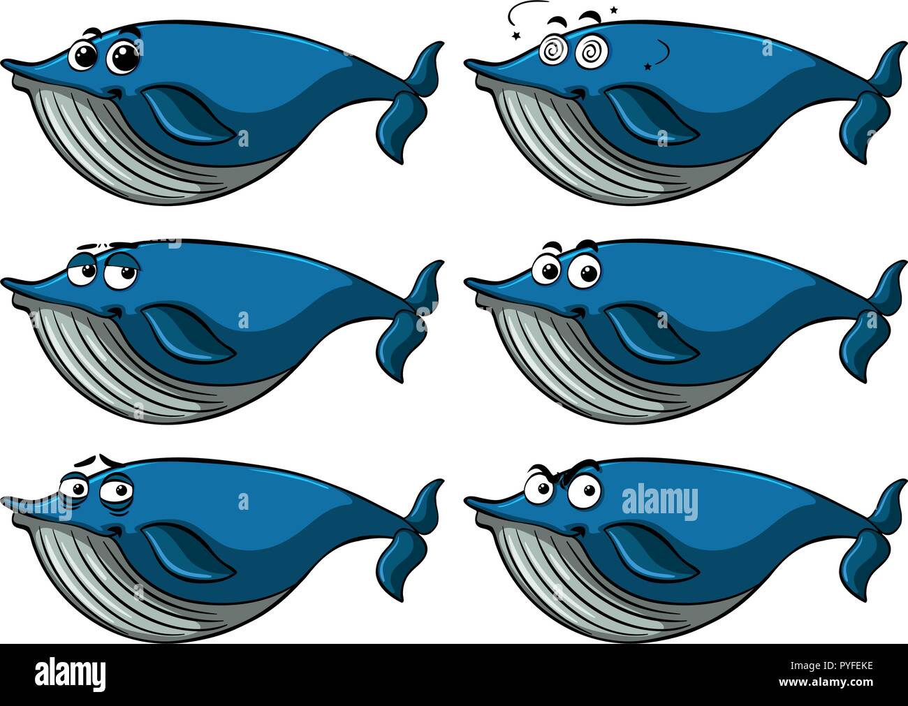 Blue whale with different facial expressions illustration Stock Vector ...