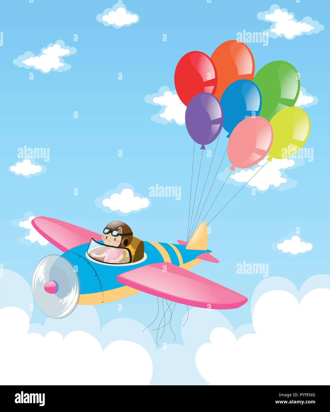 Kid flying jet with balloons in the sky illustration Stock Vector Image ...