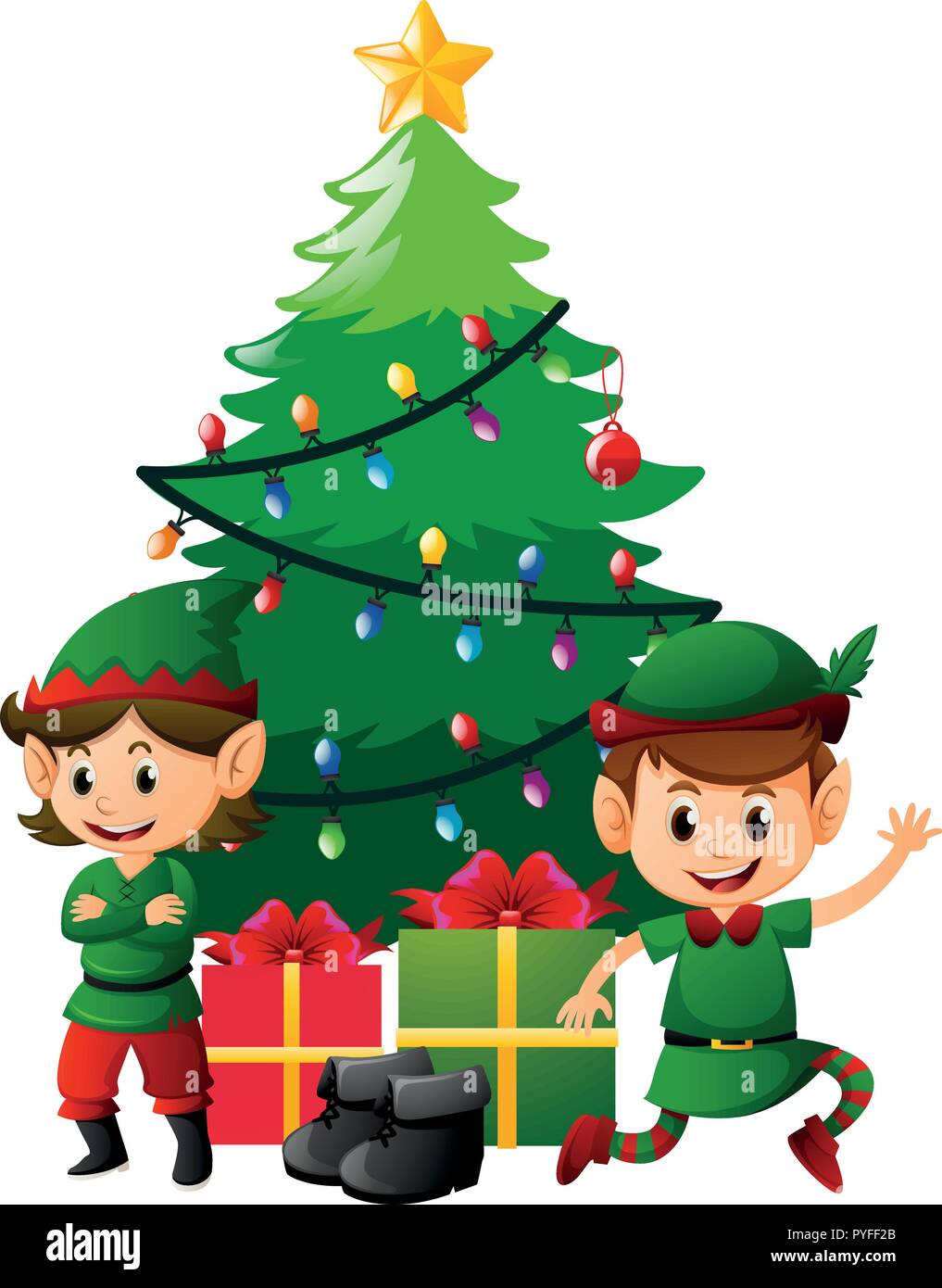 Two christmas elves under christmas tree illustration Stock Vector ...