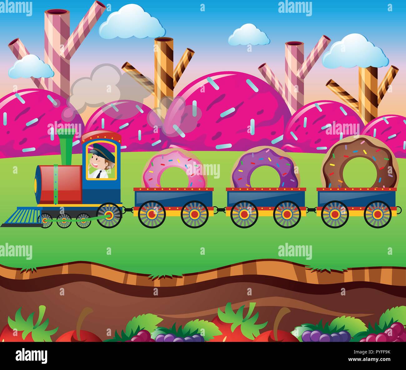 Candy land with train ride with donuts illustration Stock Vector Image ...